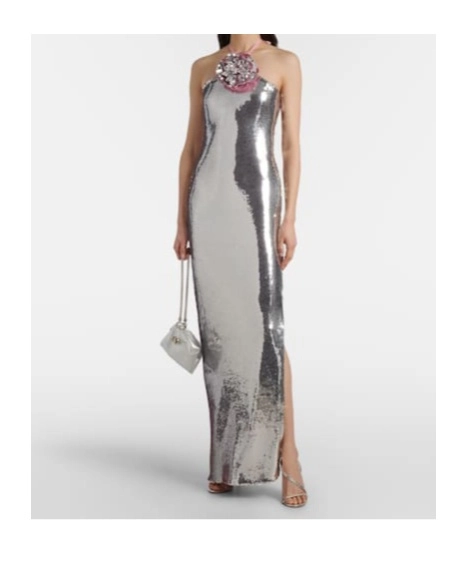 RODARTE Sequined Halterneck Gown With Floral Appliqu - Gray