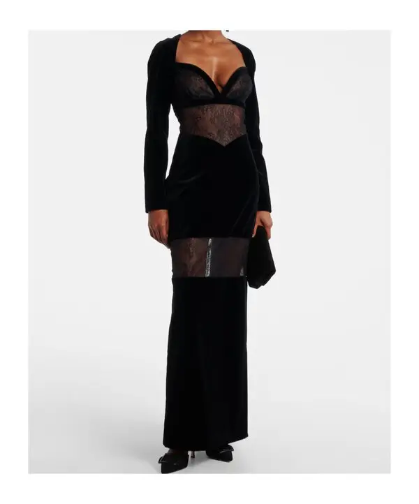 Nina Ricci Long Sleeve Velvet And Lace Gown