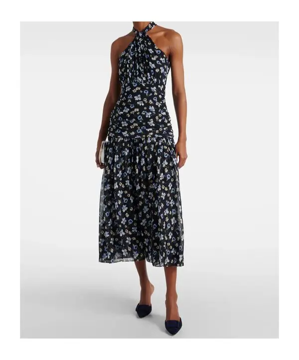 Veronica Beard Brock Halterneck Printed Silk Midi Dress - Black