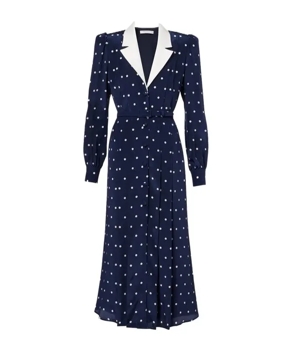 Alessandra Rich Polka-dot Silk Satin Shirt Dress - Navy Blue/white