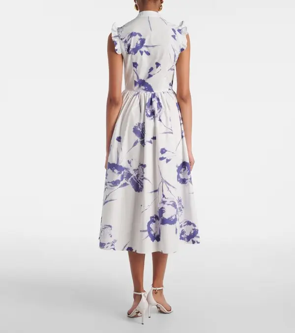 Erdem Floral Cotton Poplin Midi Dress With Lace Cuffs - White