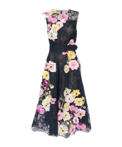 Oscar De La Renta Orchid Embroidered Lace Cocktail Dress - Black