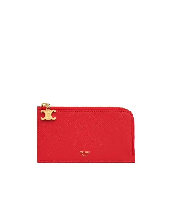 Celine Long Zipped Card Holder In Grained Calfskin - Super Red