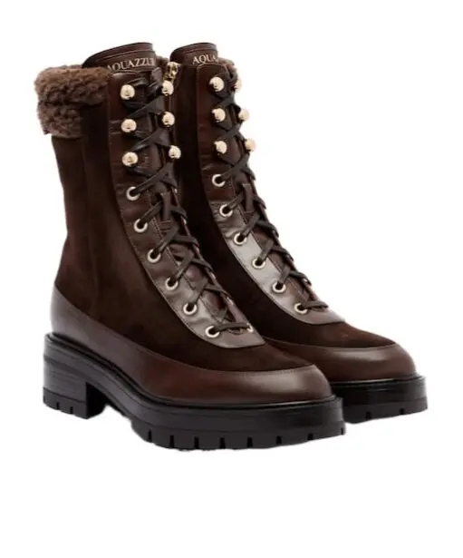 AQUAZZURA Shearling-trimmed Suede Lace-up Boots - Black