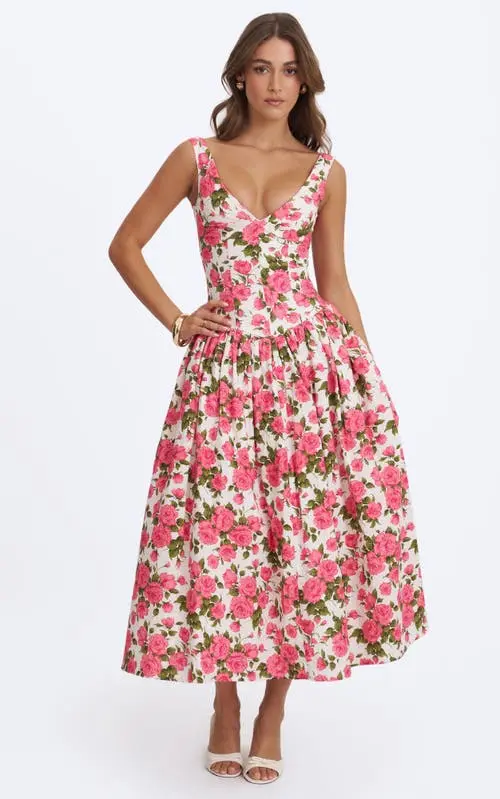 MISS CIRCLE NEW YORK Wilfreda Blooming Floral Linen Sweetheart Midi Dress - Pink