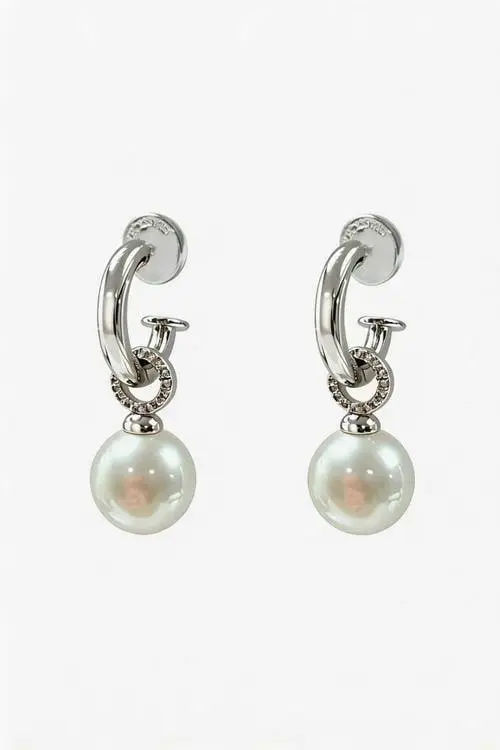 CLASSICHARMS Sia Shell Pearl Drop Hoop Earrings With Crystal Accents - Silver