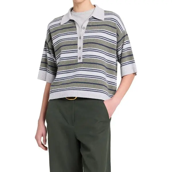 TWP Stripe Half Placket Stretch Wool Polo Sweater - Moss/night Sky