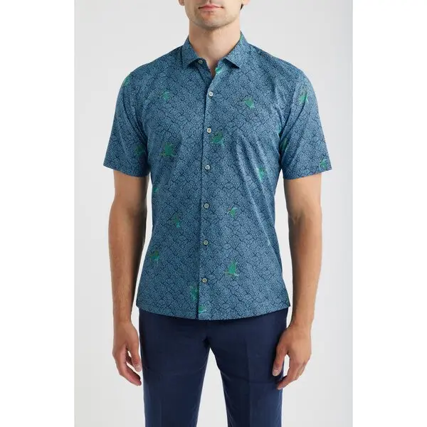 Tori Richard Chelonian Short Sleeve Cotton Button Up Shirt - Navy