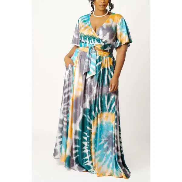 BUXOM COUTURE Print Tie Front Top & Maxi Skirt Set - Blue Multi