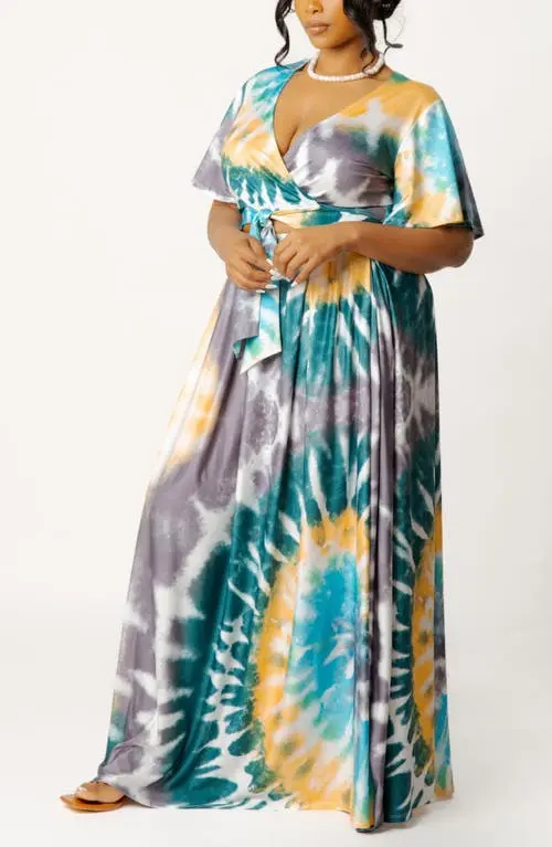 BUXOM COUTURE Printed Tie-front Top And Maxi Skirt Set - Blue Multi