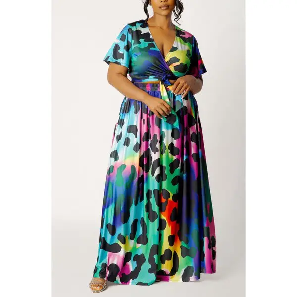 BUXOM COUTURE Print Tie Front Top & Maxi Skirt Set - Multi