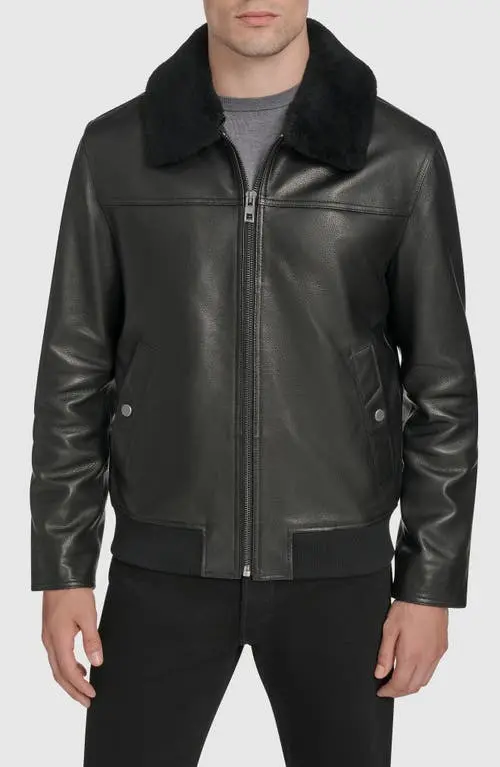 Andrew Marc Leather Aviator Jacket With Removable Genuine Shearling Collar - Black