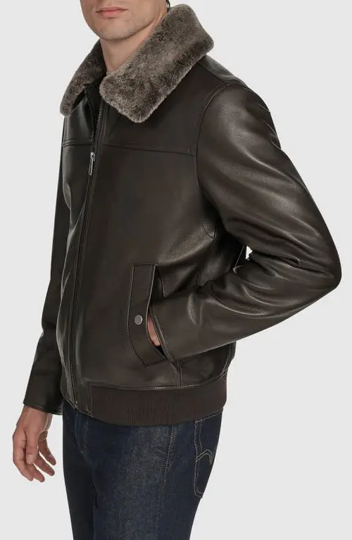 Andrew Marc Leather Aviator Jacket With Removable Genuine Shearling Collar - Chocolate