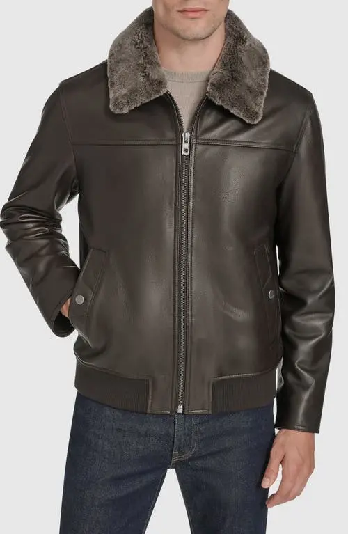 Andrew Marc Leather Aviator Jacket With Removable Shearling Collar - Chocolate