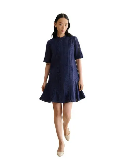 HOBBS LONDON Jasmine Short Sleeve Eyelet Shirt Dress - True Navy