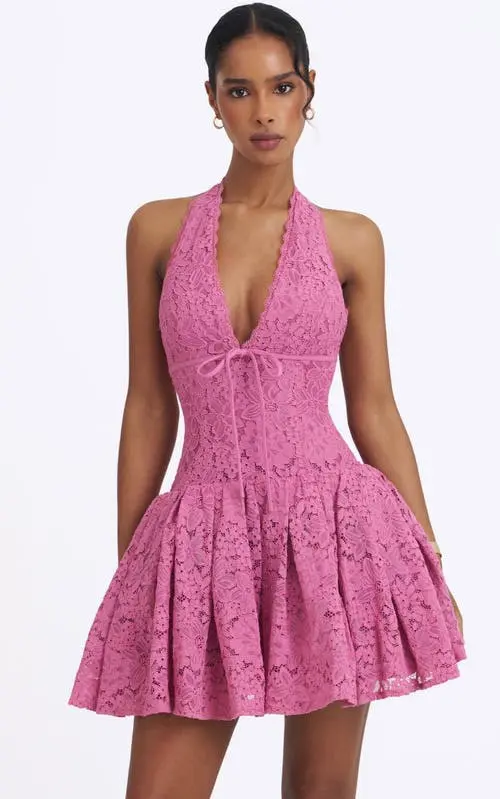 MISS CIRCLE NEW YORK Karla Lace Drop Waist Halter Mini Dress - Light Purple