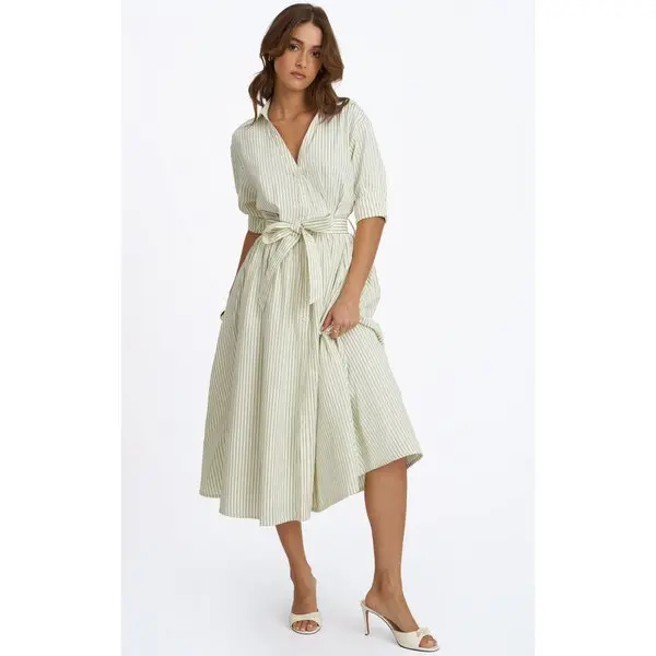 MISS CIRCLE NEW YORK Danica Poplin Striped Shirt Midi Dress - Green