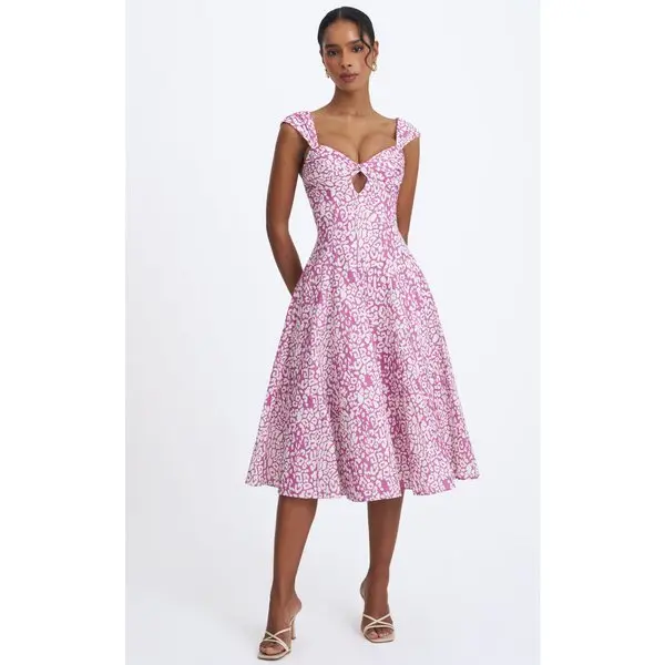 MISS CIRCLE NEW YORK Wynonna Cheetah Linen Keyhole Midi Dress - Mauve
