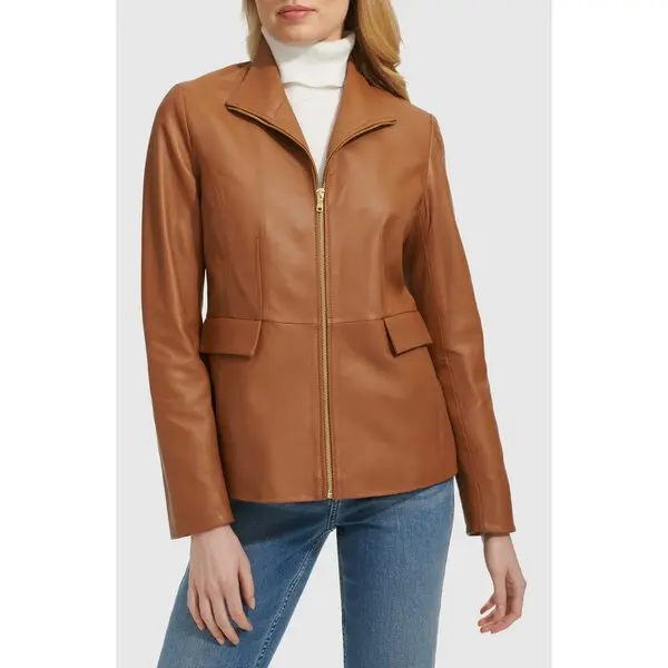 Cole Haan Wing Collar Leather Jacket - Hazelnut