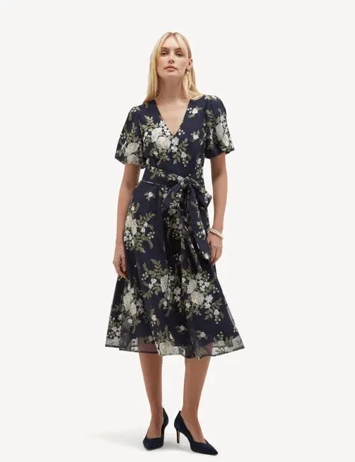 HOBBS LONDON Embroidered V-neck Belted Midi Dress