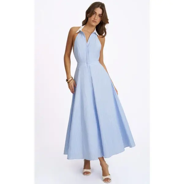 MISS CIRCLE NEW YORK Winslet Striped Cotton Poplin Halter Maxi Dress - Sky Blue