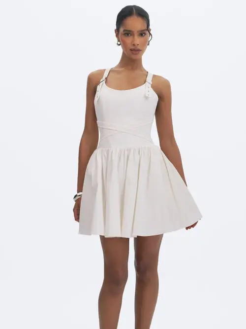 MISS CIRCLE NEW YORK Francine Cotton Denim Crossover Strap Mini Dress