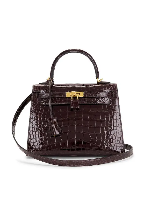 Hermès Shiny Alligator Kelly 25 Sellier Handbag In Brown - Macassar