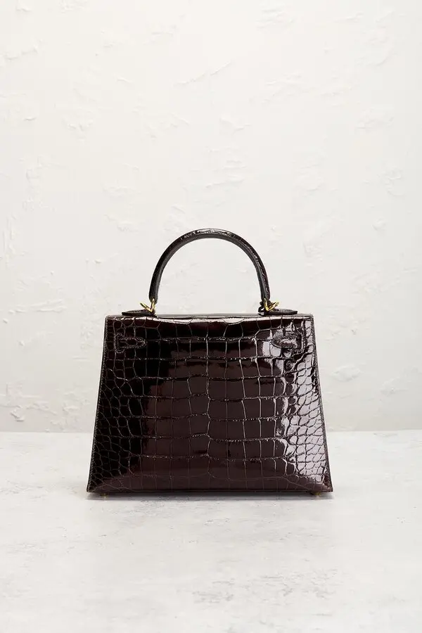 Hermès Shiny Alligator Kelly 25 Sellier Handbag In Brown