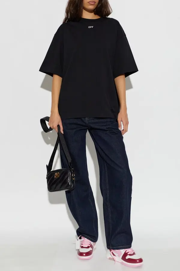 Off-White Cotton T-shirt With Embroidered Logo And Floral Motif