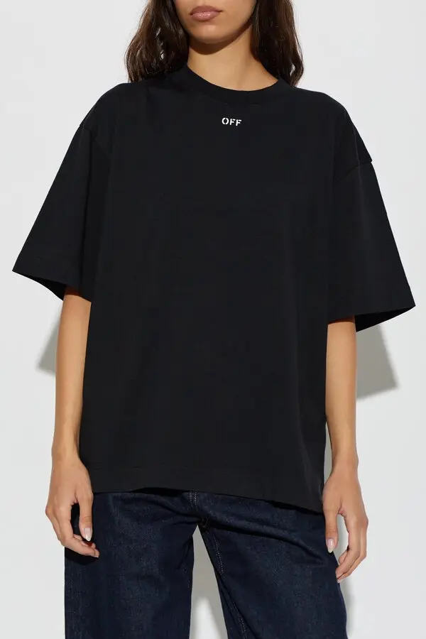 Off-White Cotton T-shirt With Embroidered Logo And Floral Motif