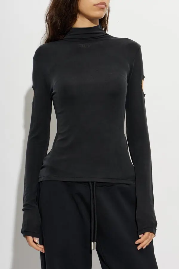 Off-White Ribbed Top With Decorative Cut-outs