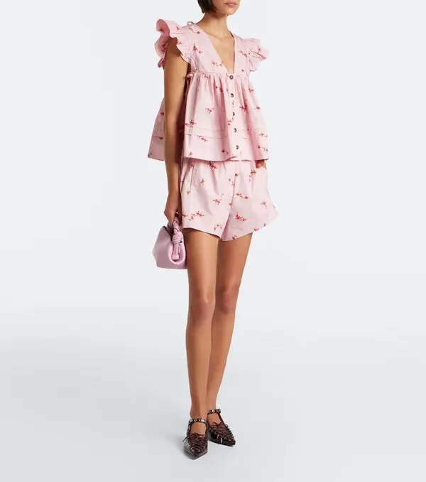 GANNI Floral Cotton-blend Poplin Shorts - Pink