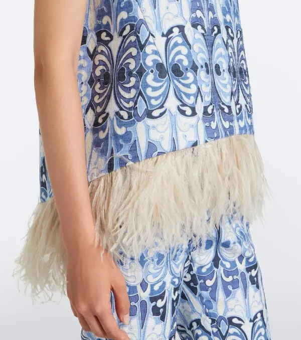 La DoubleJ La Scala Feather-trimmed Cotton Top