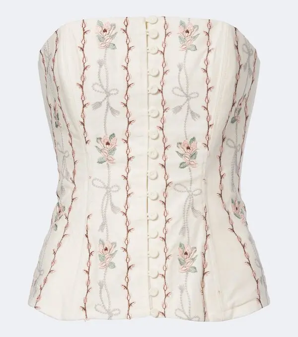 Agua Bendita Abelia Floral Embroidered Linen Corset - White