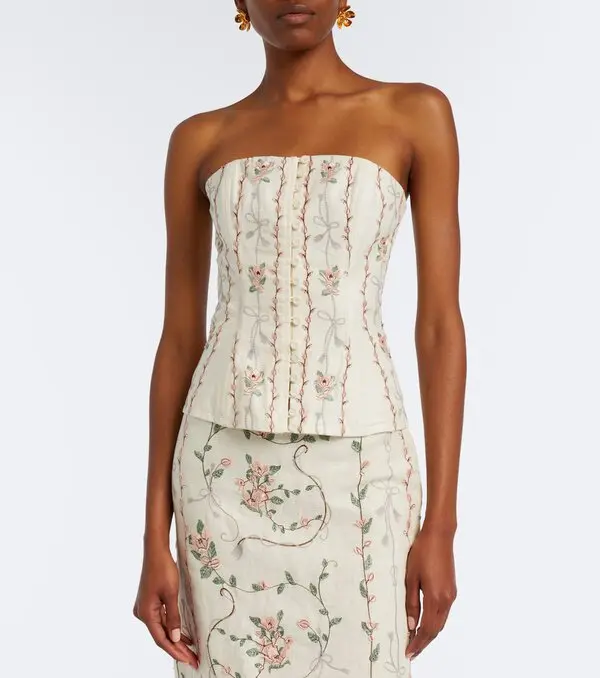 Agua Bendita Abelia Floral Embroidered Linen Corset - White