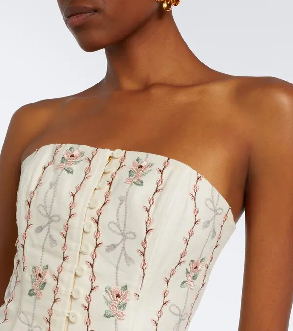 Agua Bendita Abelia Floral Embroidered Linen Corset - White