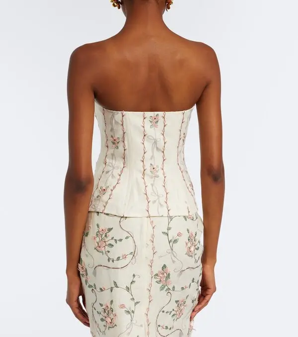 Agua Bendita Abelia Floral Embroidered Linen Corset - White