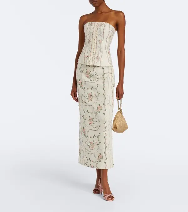 Agua Bendita Abelia Floral Embroidered Linen Corset - White