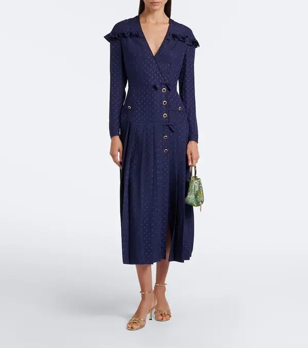 Alessandra Rich Pleated Silk Jacquard Midi Dress