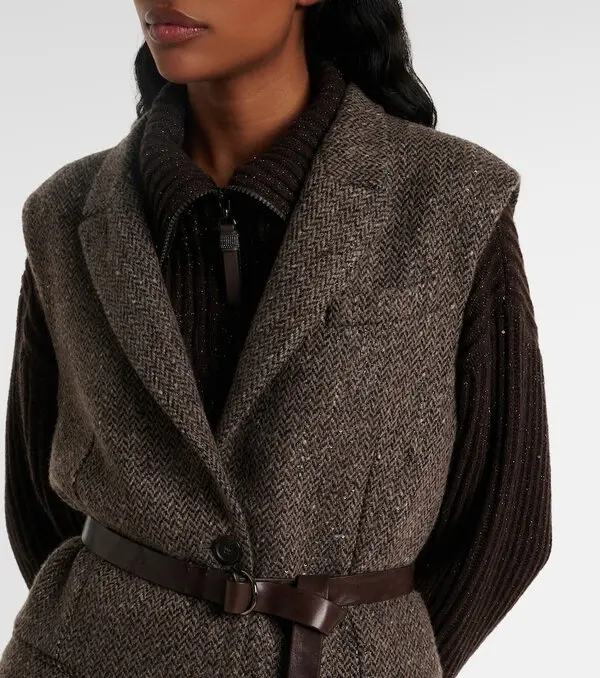 Brunello Cucinelli Monili Herringbone Sequined Wool-blend Vest - Brown