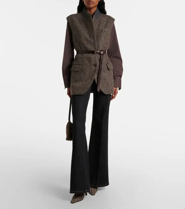 Brunello Cucinelli Monili Herringbone Sequined Wool-blend Vest - Brown