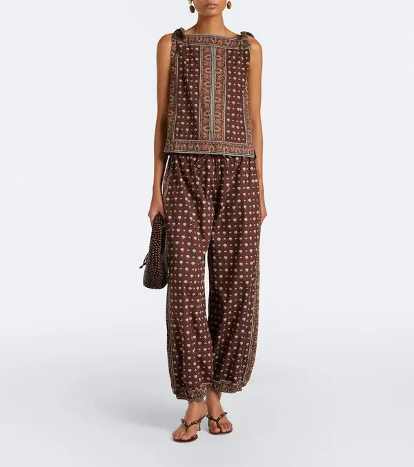 DÔEN Yarrow Printed Cotton Tapered Pants - Brown
