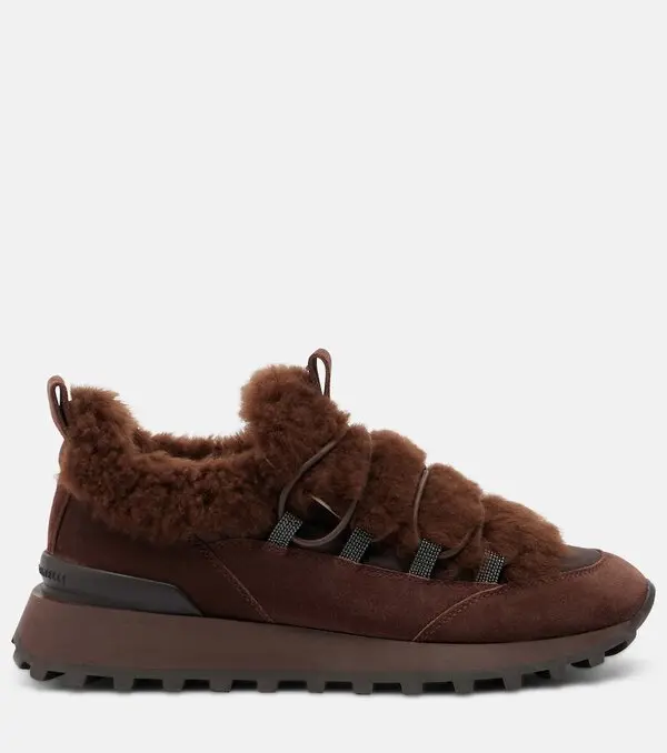 Brunello Cucinelli Monili Shearling-trimmed Suede Sneakers