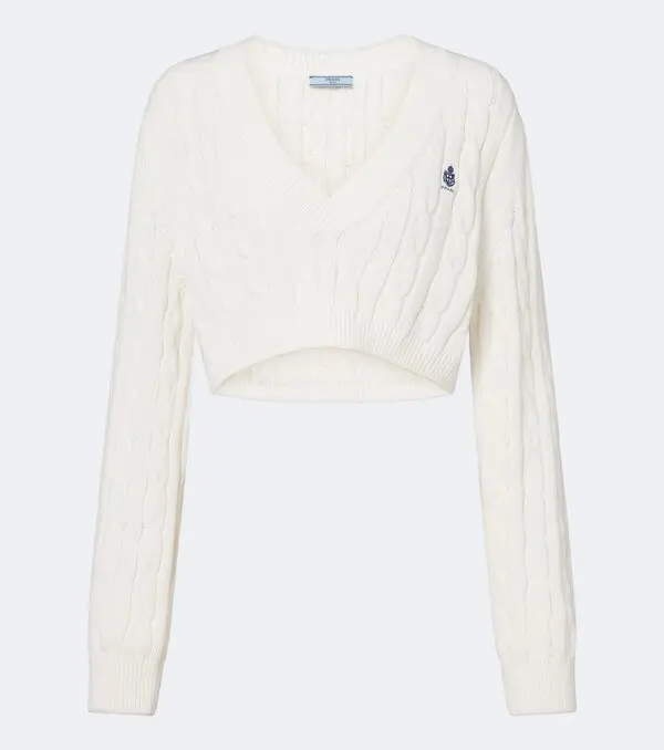 Prada Cable-knit V-neck Cotton Sweater - White
