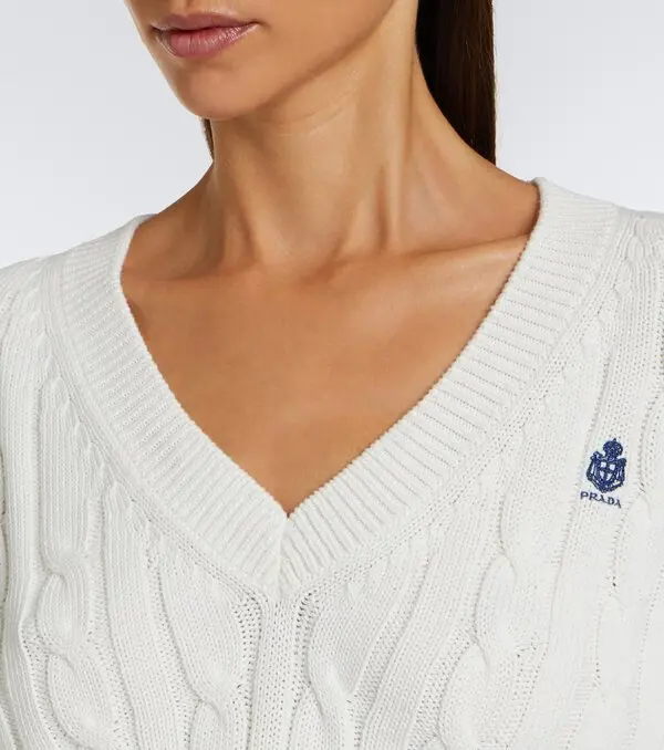 Prada Cable-knit Cropped V-neck Sweater