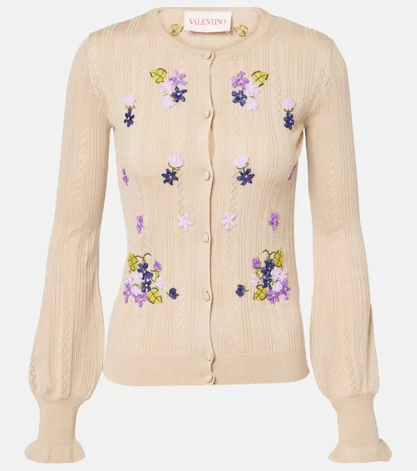 Valentino Garavani Embroidered Virgin Wool Cardigan - Beige
