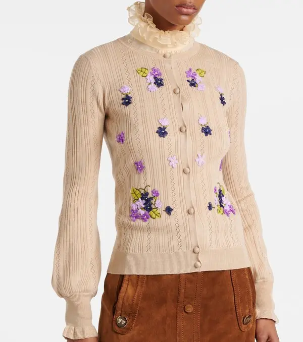 Valentino Garavani Embroidered Virgin Wool Cardigan - Beige