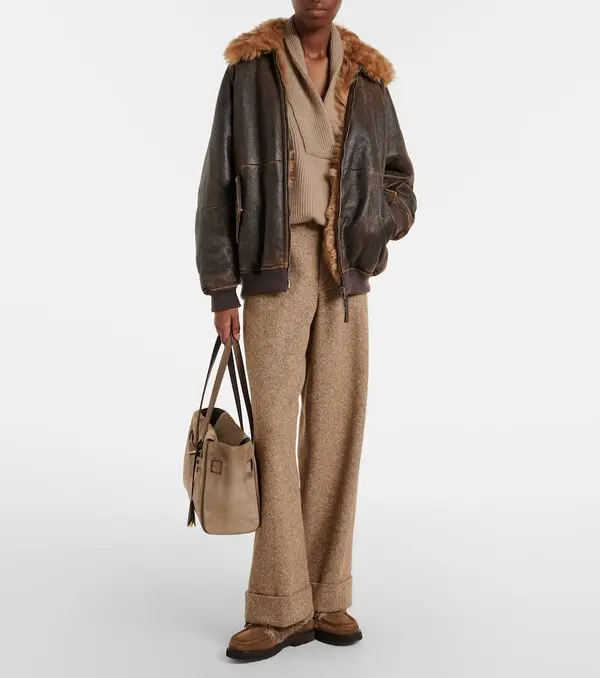 Brunello Cucinelli Monili Wool-blend Flannel Wide-leg Pants