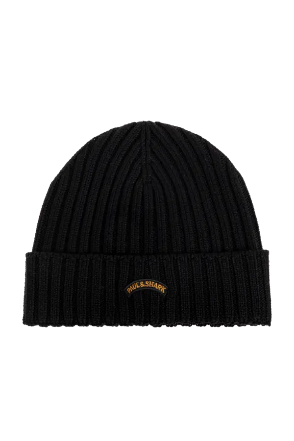 Paul & Shark Wool Beanie With Gold Tone Logo Patch - Black