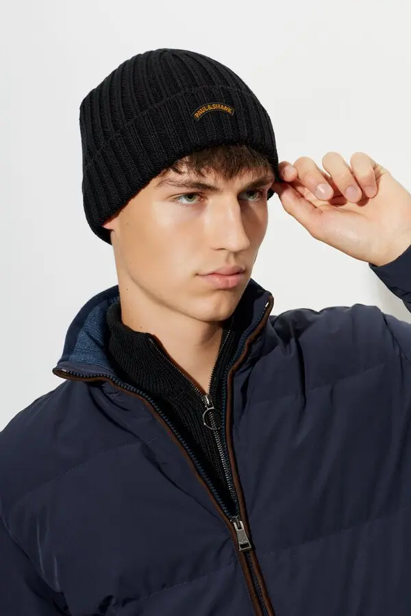 Paul & Shark Wool Beanie With Gold Tone Logo Patch